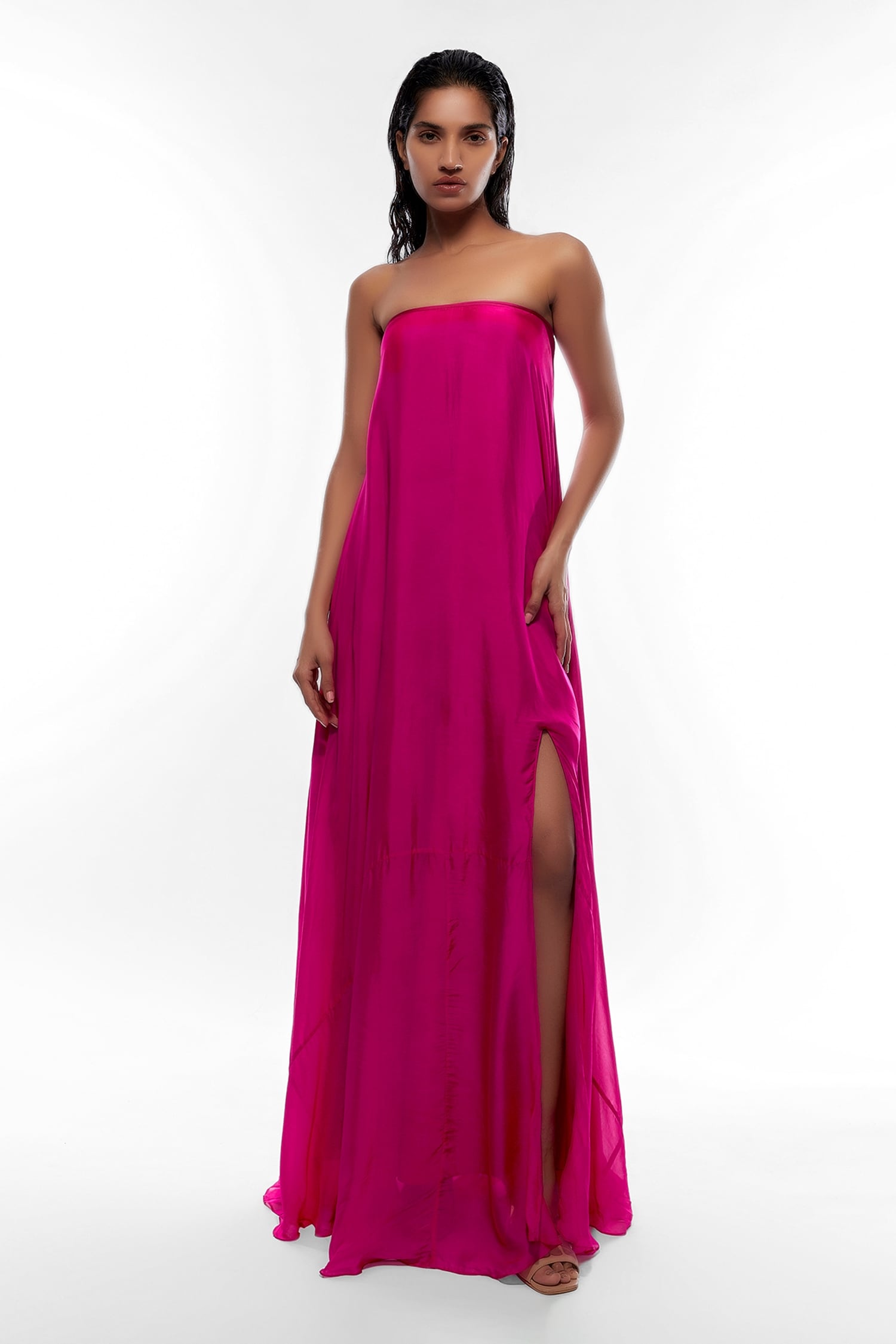 Buy Pink Chiffon Straight Tube Front Slit Gown For Women by Deme by ...