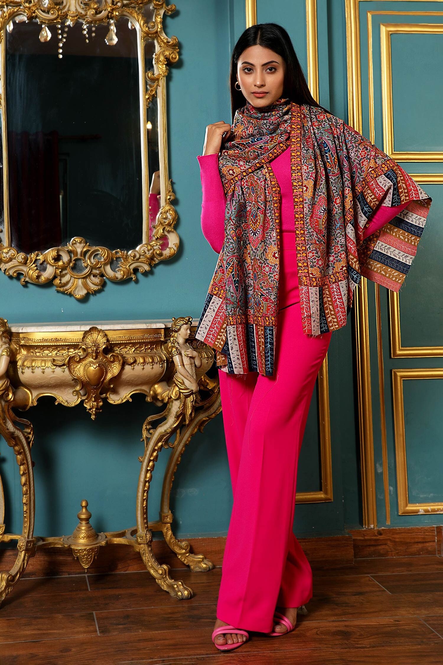 Buy Dusala Shawls Cashmere Kalamkari And Thread Work Stole Online | Aza ...