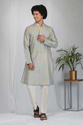 Buy Eleven Brothers Beige Mulberry Silk Window Print Kurta And Pant Set ...