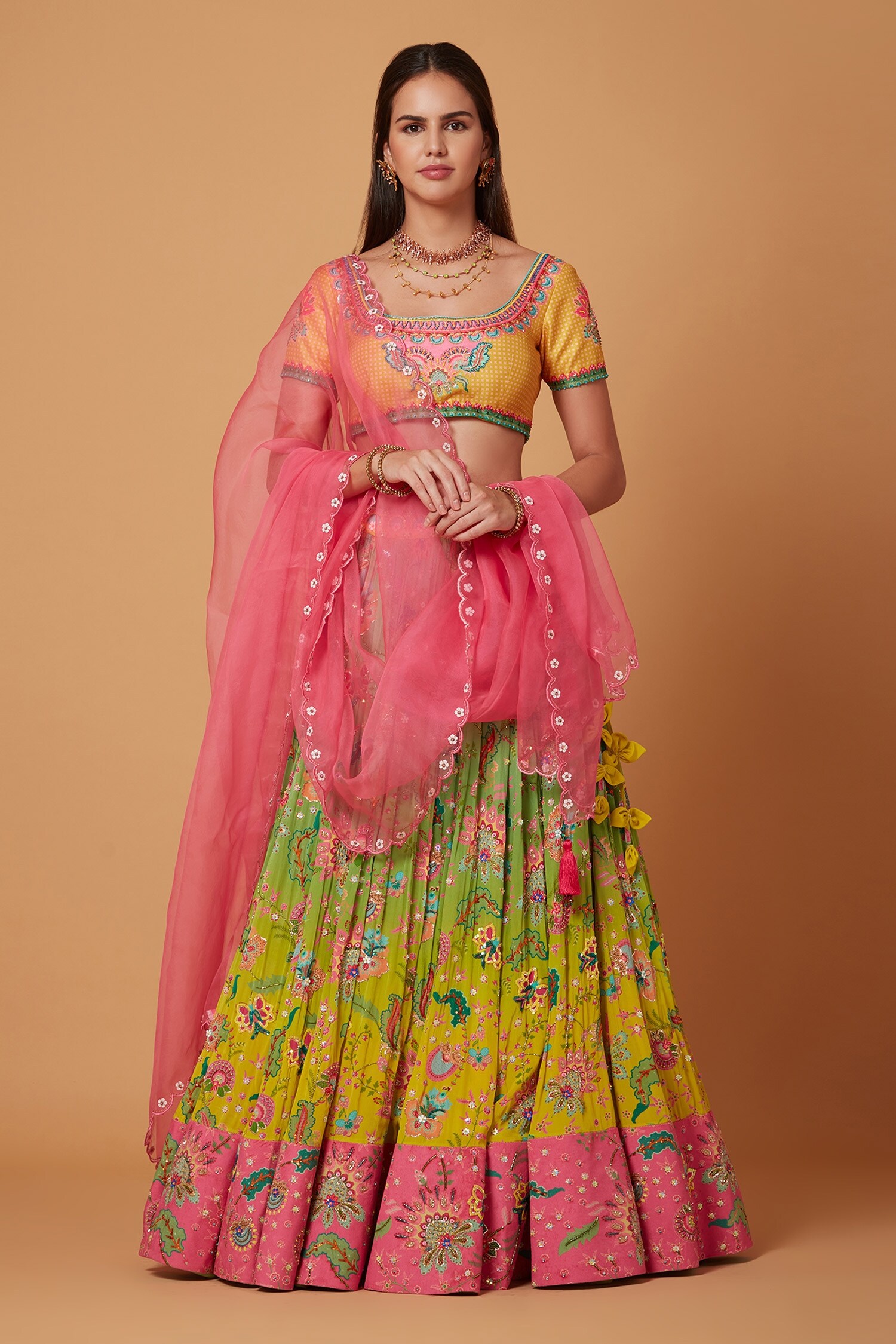 Buy Yellow Dupion Embroidered Ombre Effect Sequin Floweret Lehenga Set ...