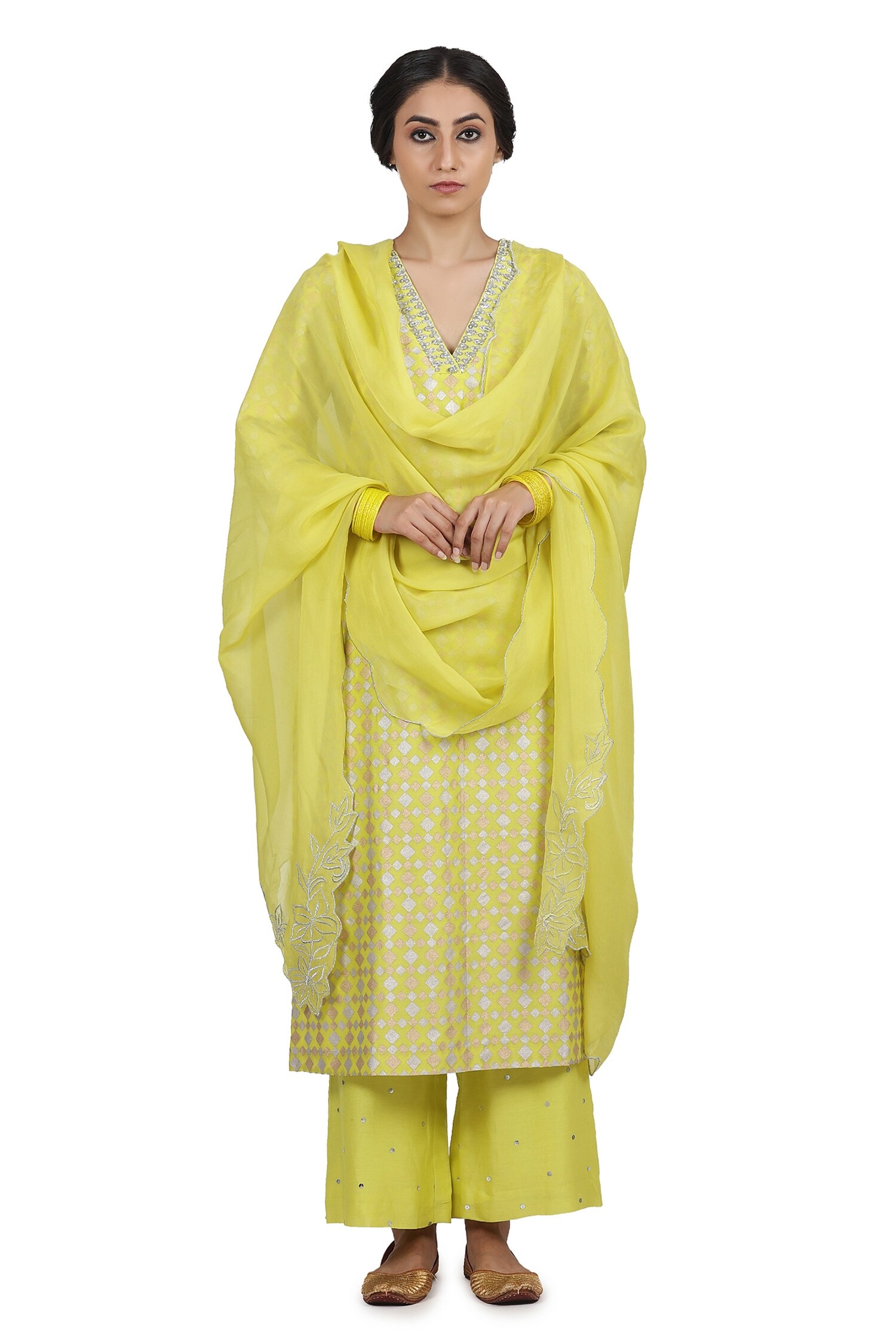 Buy Yellow Chanderi Silk Printed Phulkari V Keerat Straight Kurta Set ...