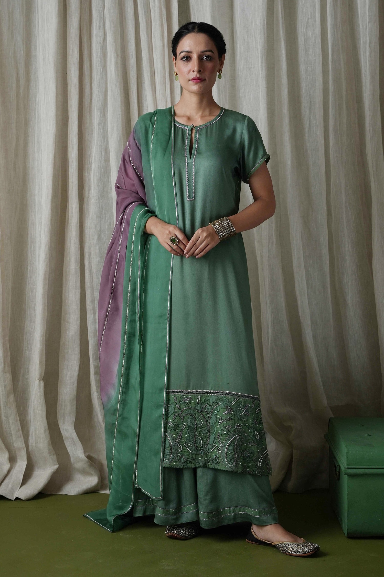 Buy Kanika Sharma Green Embroidered Hem Kurta Palazzo Set Online | Aza ...