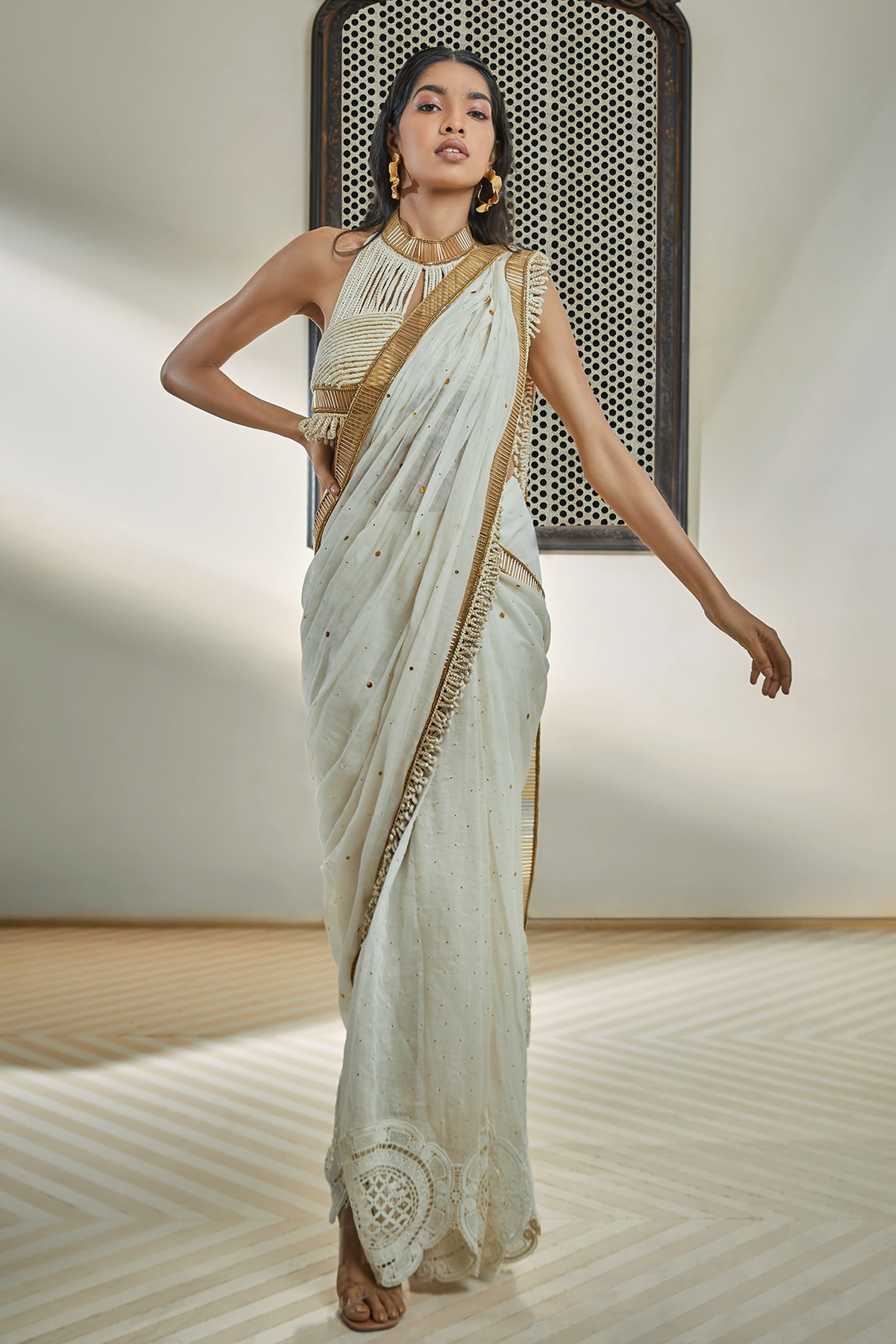 Buy Ivory Embellished Rope Pre-stitched Badla Embroidered Saree For ...