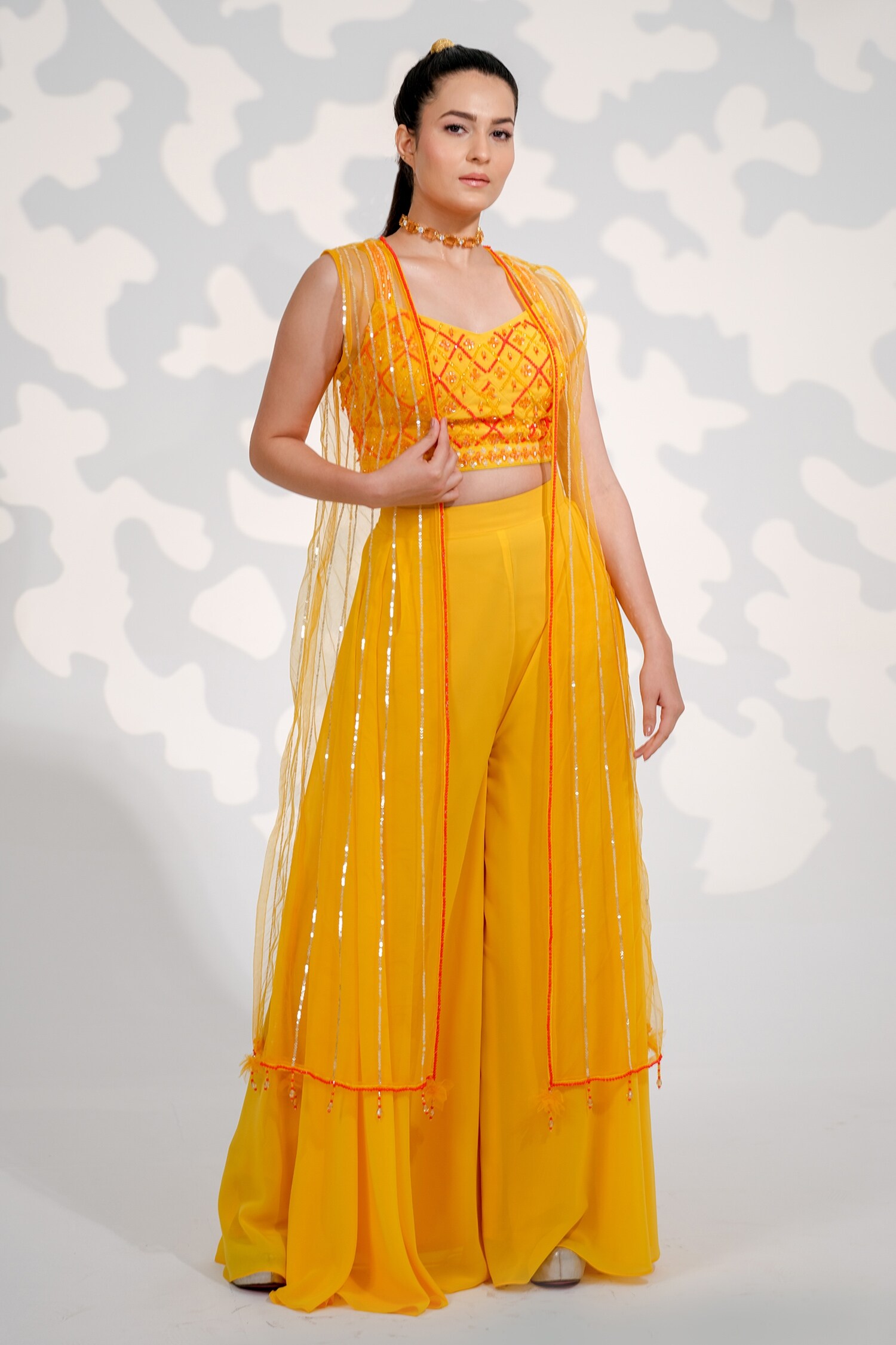 Buy Tamaraa By Tahani Yellow Georgette Crystal Embellished Blouse Pant ...