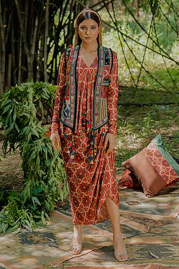 Buy Multi Color Cotton Satin Floral Print Flared Top And Skirt Set For ...