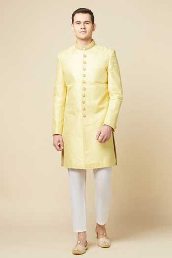 Buy Yellow 50% Cotton 50% Polyester Embroidered Floral Sherwani Set For ...