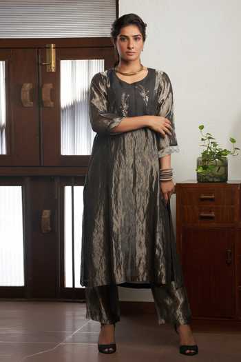 Buy Black Tunic Silk Tussar And Tissue Zari Embroidered Kurta & Pant ...