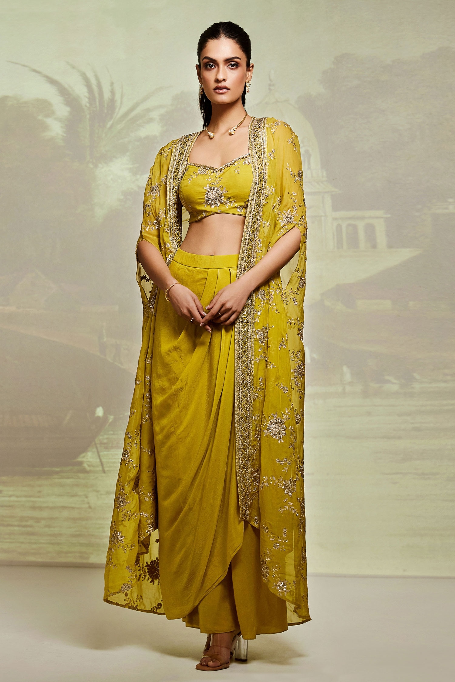 Buy Yellow Embroidered Sequin Cape: Open Draped Skirt Set For Women by ...