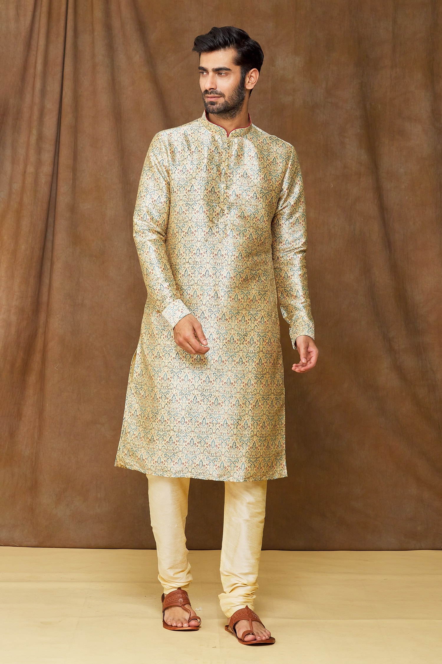 Buy Cream Kurta Banarasi Silk Floral Flower And Gold Churidar Set For ...