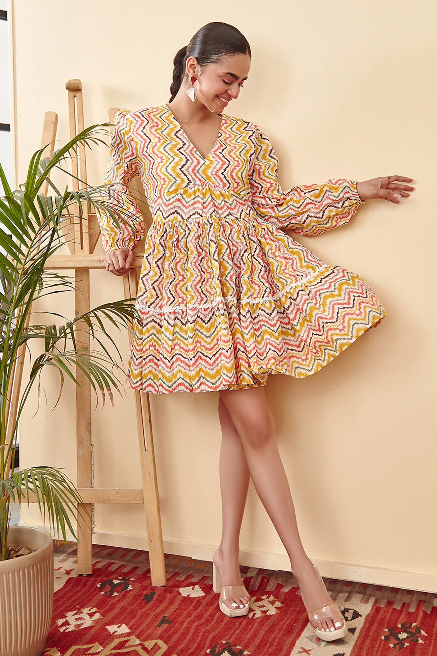 Buy Sorbae Multi Color Cotton Tove Ikat Print Tiered Dress Online | Aza ...