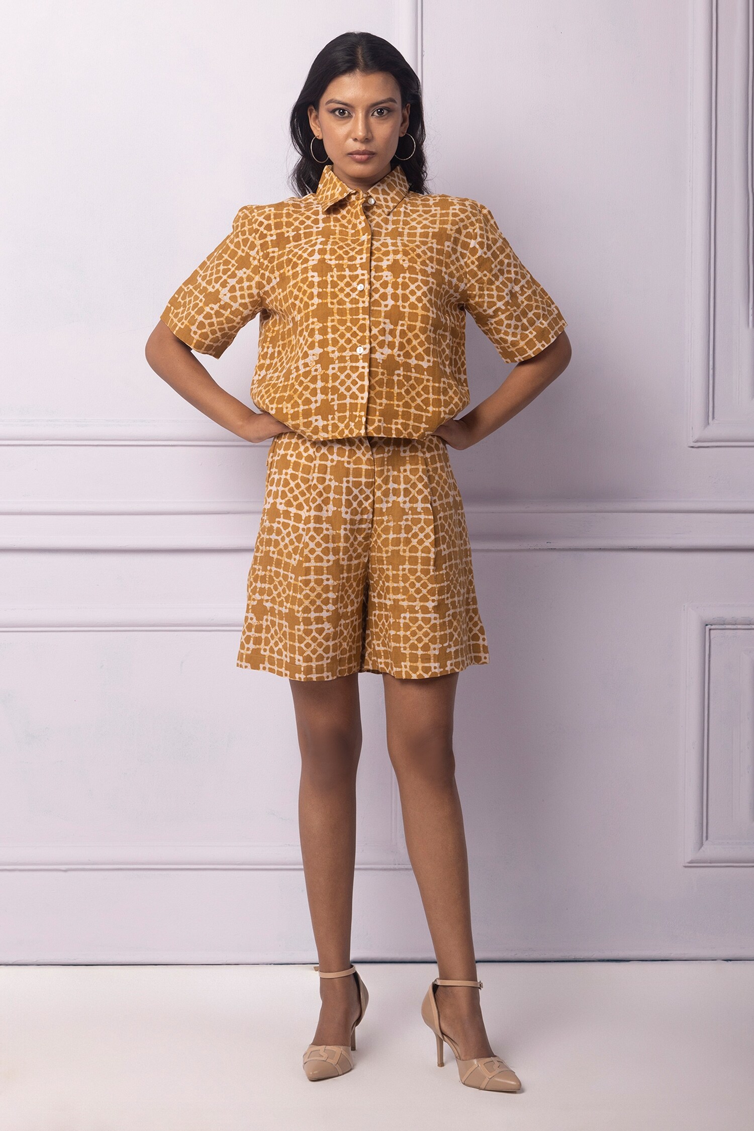 Buy Yellow Cotton Linen Printed Batik Shorts For Women by Ek Katha ...