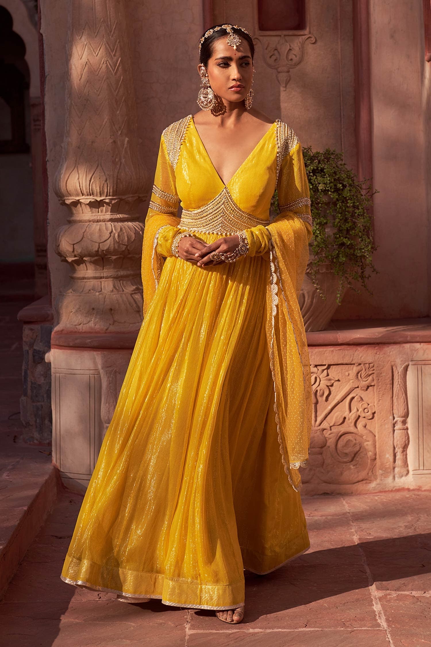 Buy Nidhika Shekhar Yellow Foil Georgette Basant Rani Anarkali With ...