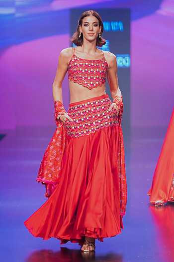 Buy Punit Balana Silk Surkh Laal Embroidered Blouse Skirt Set Online ...