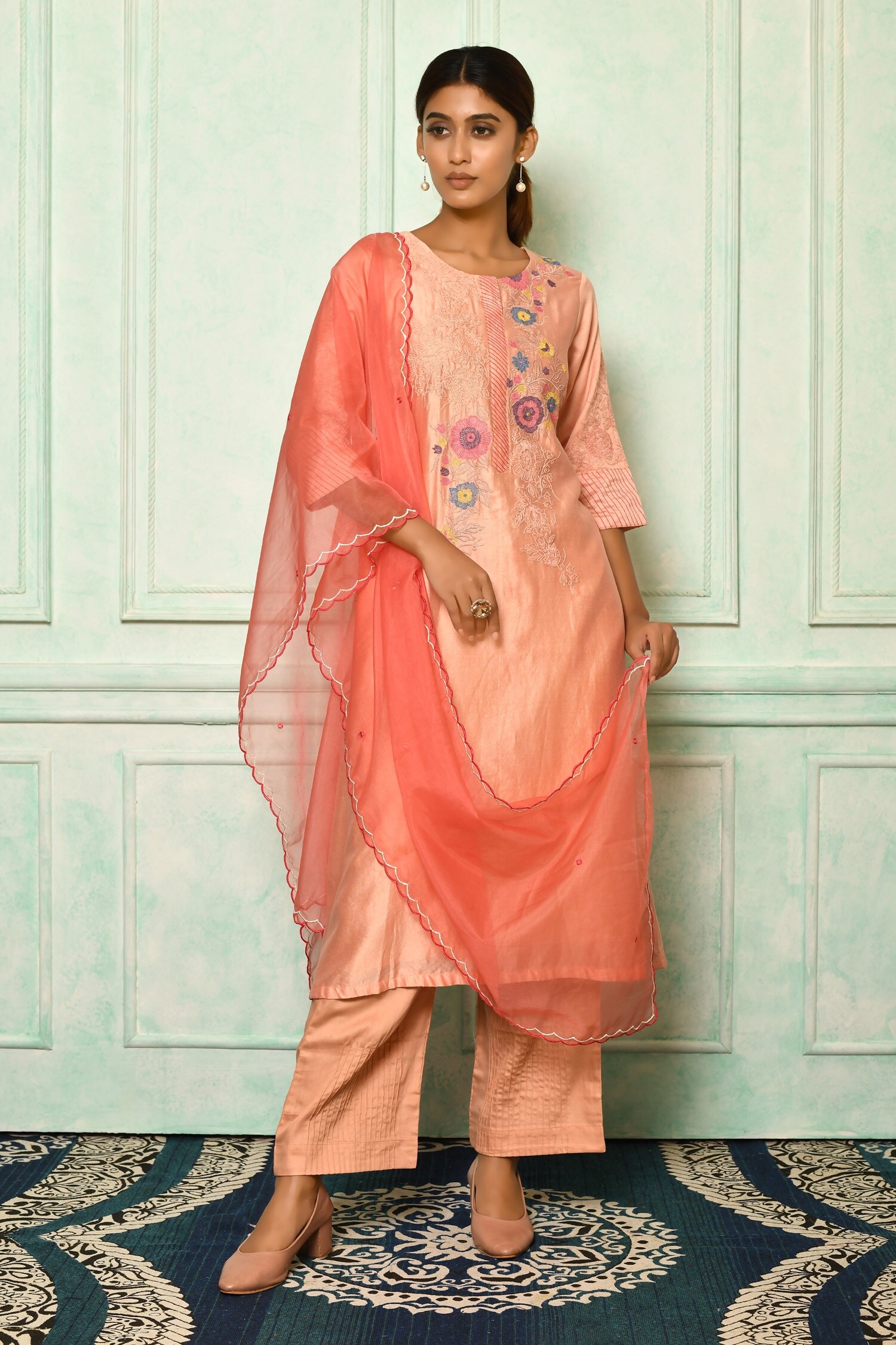 Buy Peach Kurta: Silk Chanderi Embroidery Thread Round Placket Set For Women by Aryavir Malhotra ...