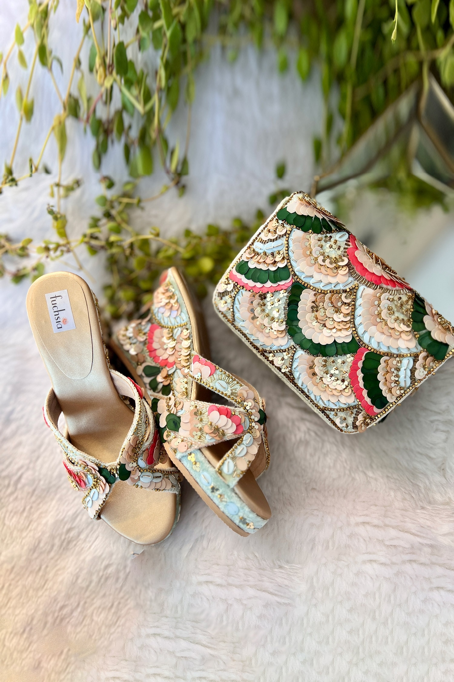 Buy Fuchsia Sequin Embellished Wedges And Clutch Set Online | Aza Fashions