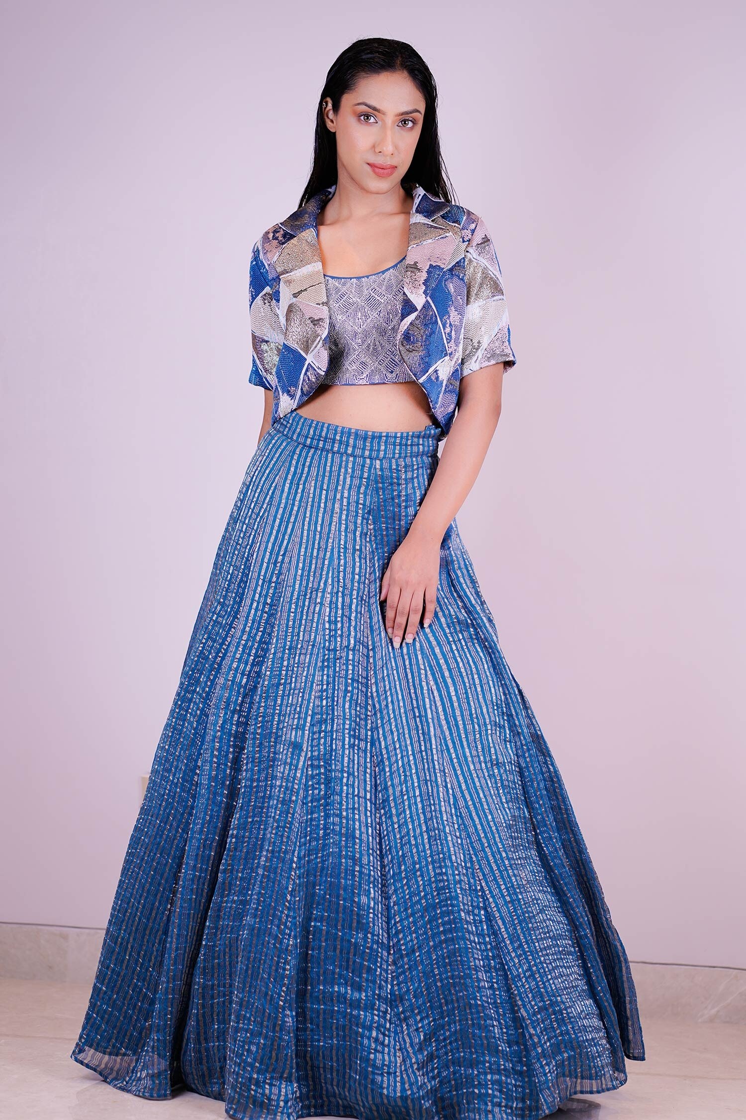 Buy Srota By Srishti Aggarwal Blue Cotton Lycra Abstract Embroidered ...