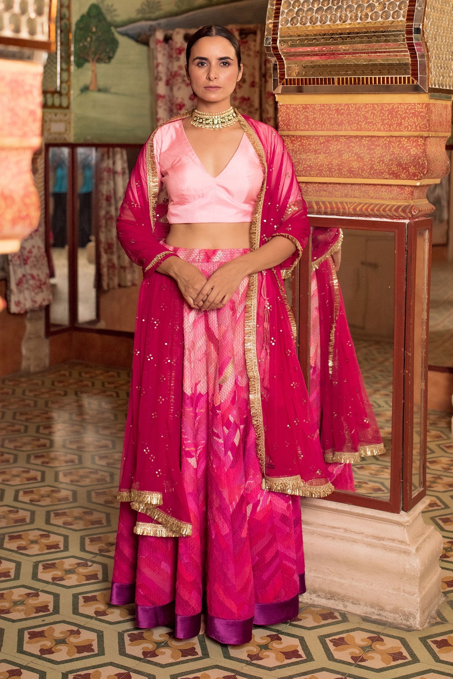 Buy Pink Silk Embroidery Thread V Neck Indira Chevron Lehenga Set For ...
