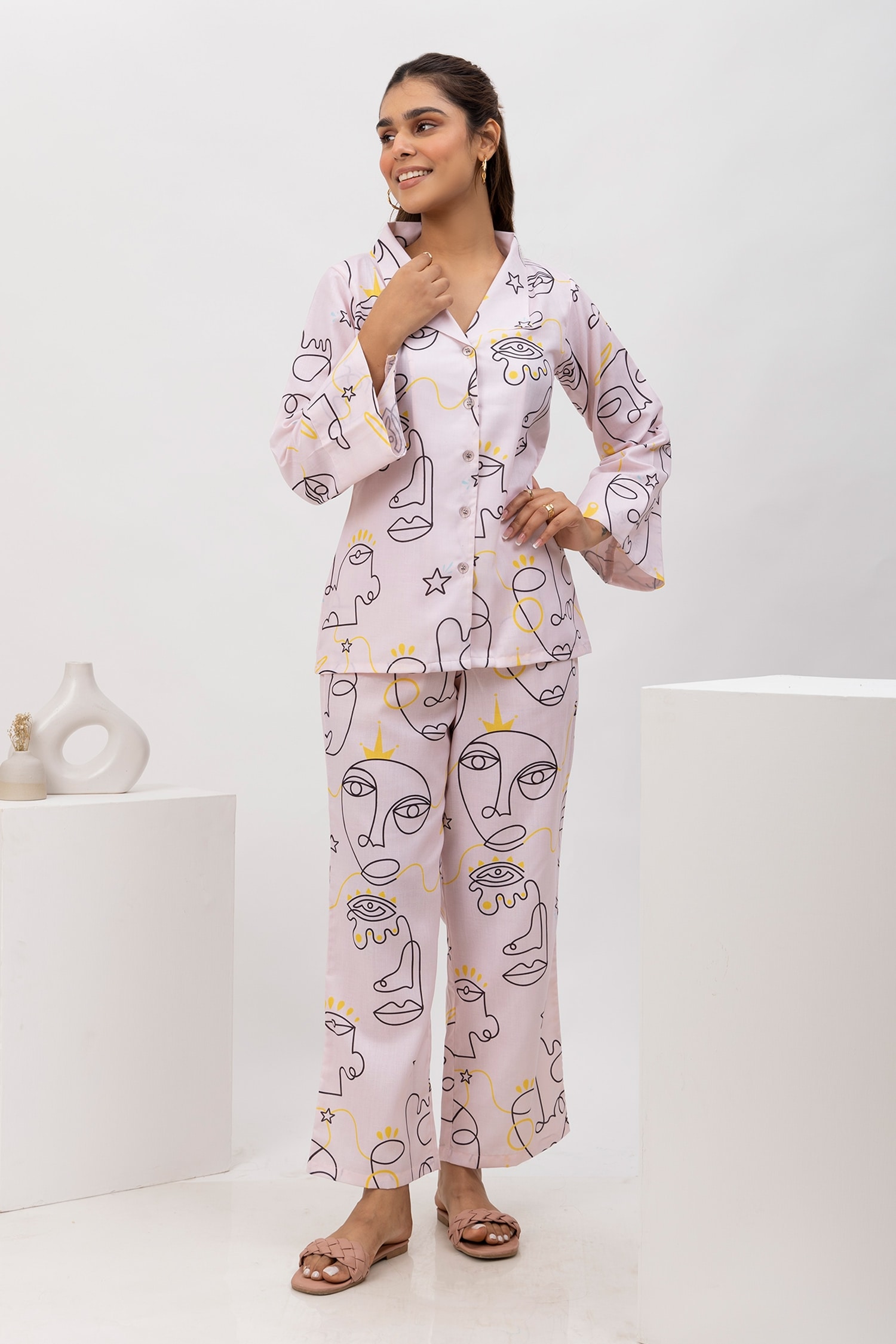 Buy Pink Cotton Printed Spirit Spread Collar Shirt And Pyjama Set For ...