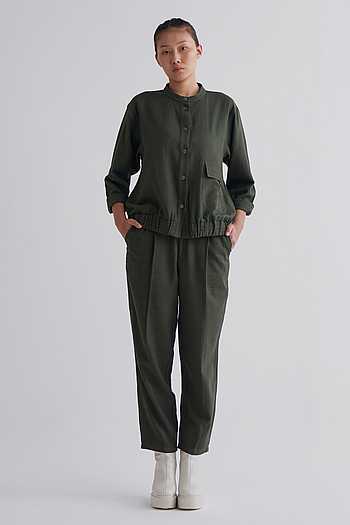Buy Three Green Melange Band Collar Crop Jacket Online | Aza Fashions