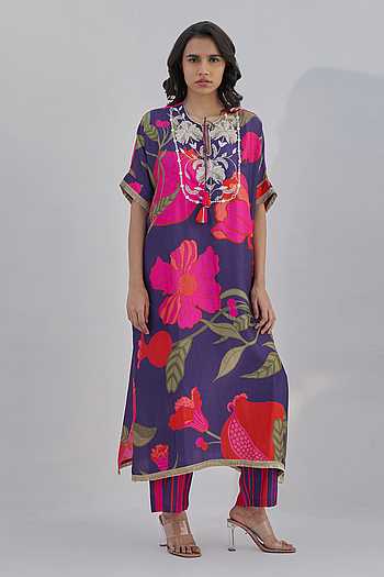 Buy Archana Shah Purple Silk Tailsman Pomo Pattern Kurta And Pant Set ...