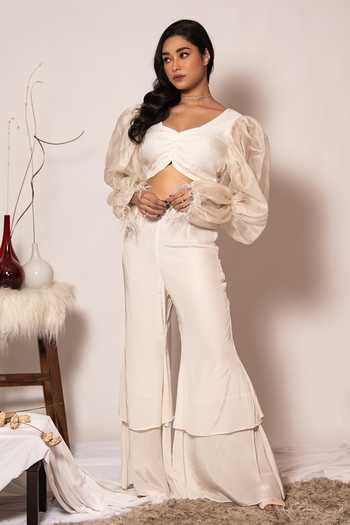 Buy White Moss Crepe V Neck Front Ruched Top And Two Layer Pant Set For ...