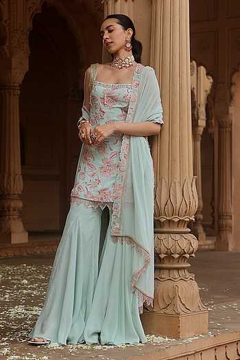 Buy Green Crepe Printed Floral Square Neck Rihana Kurta Sharara Set For ...