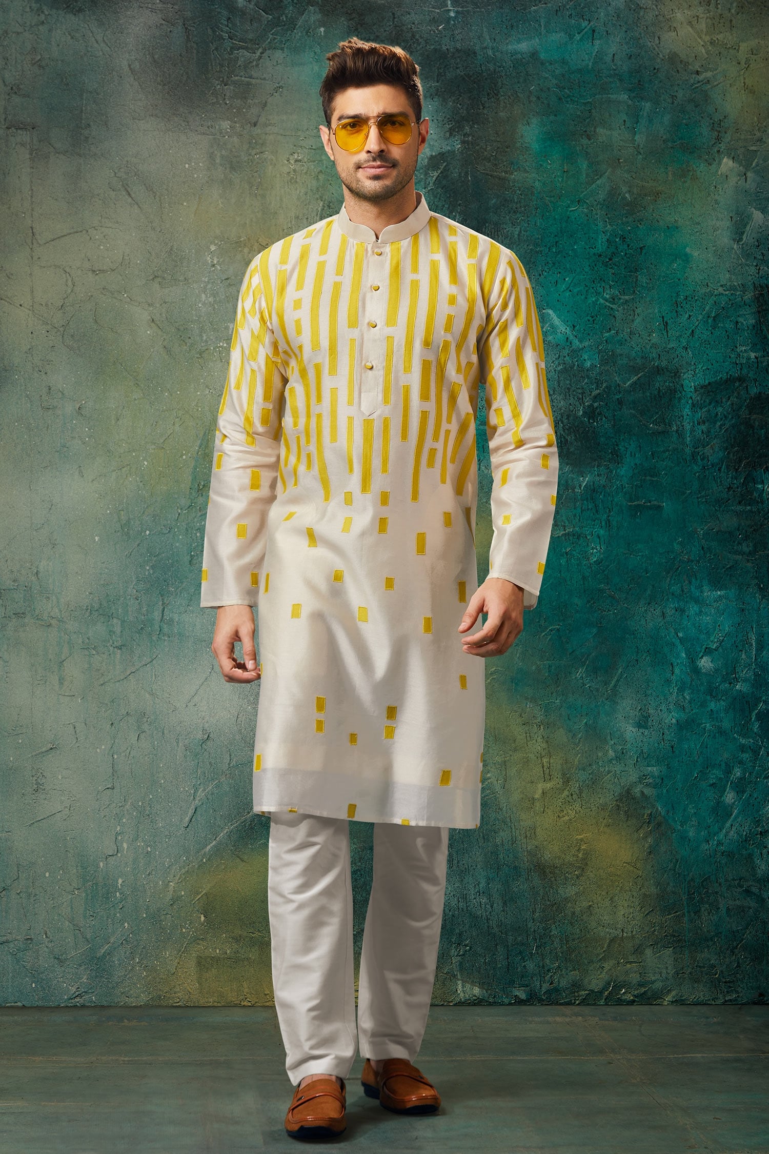 Buy Beige Silk Cotton Embroidered Patchwork Full Sleeve Kurta Set For ...