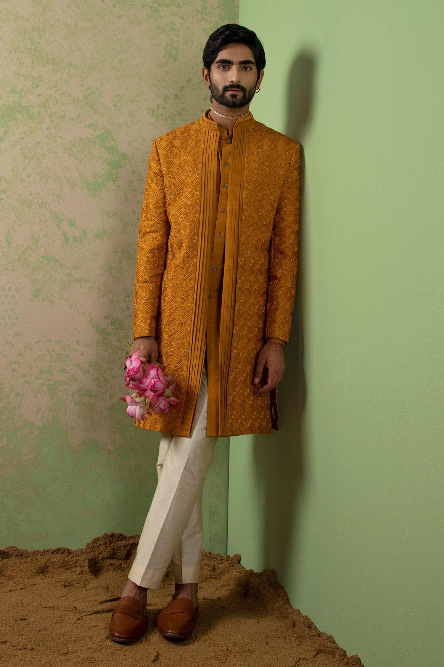 Buy Yellow Silk Embroidery Thread Jacket Style Achkan Set For Men by ...