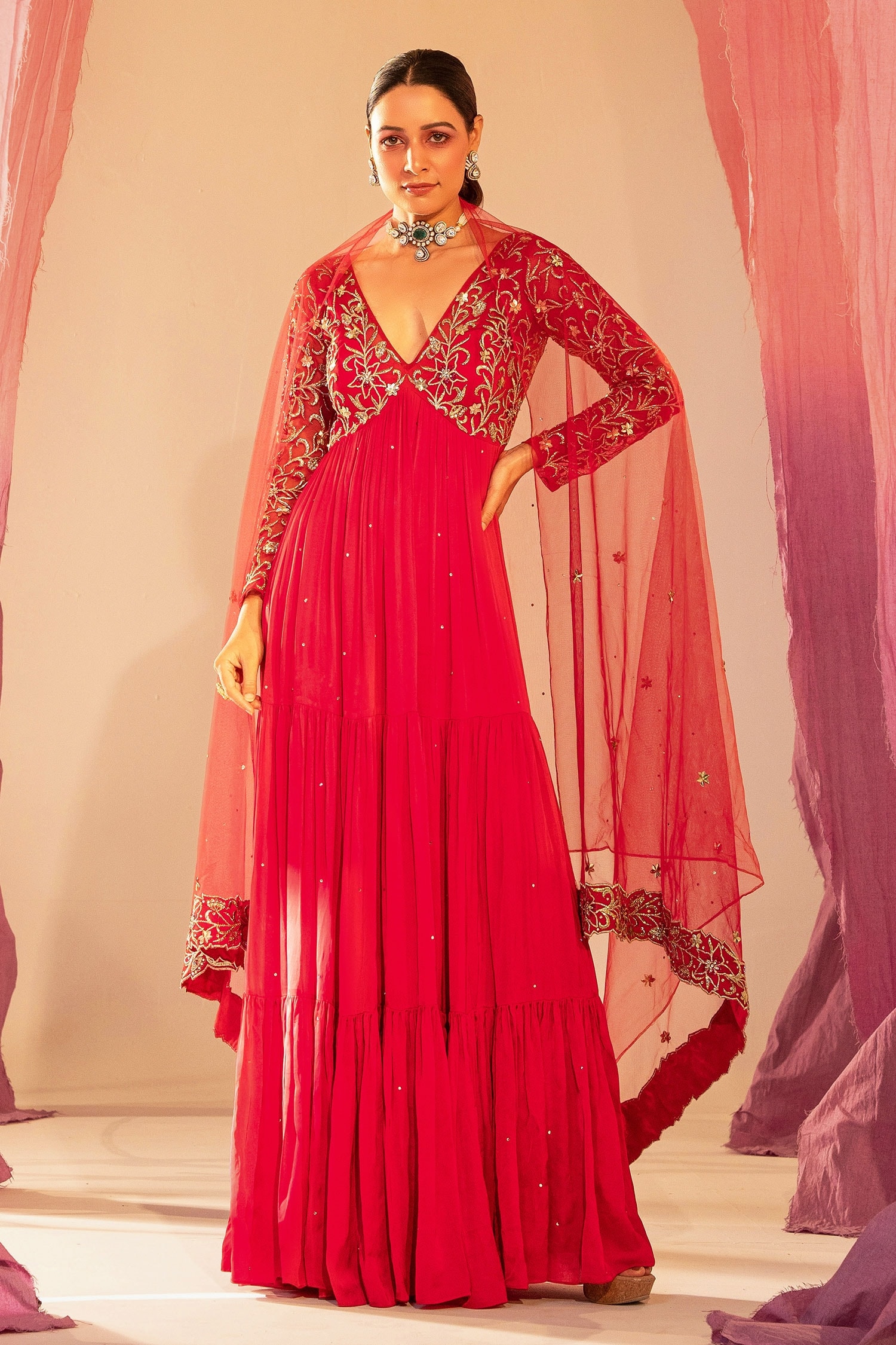 Buy Pink Satin Georgette Embroidery Flower Yoke Anarkali With Dupatta ...