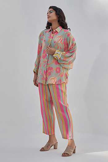 Buy Archana Shah Green Crepe Frenzy Pomo Pattern Shirt And Pant Set ...