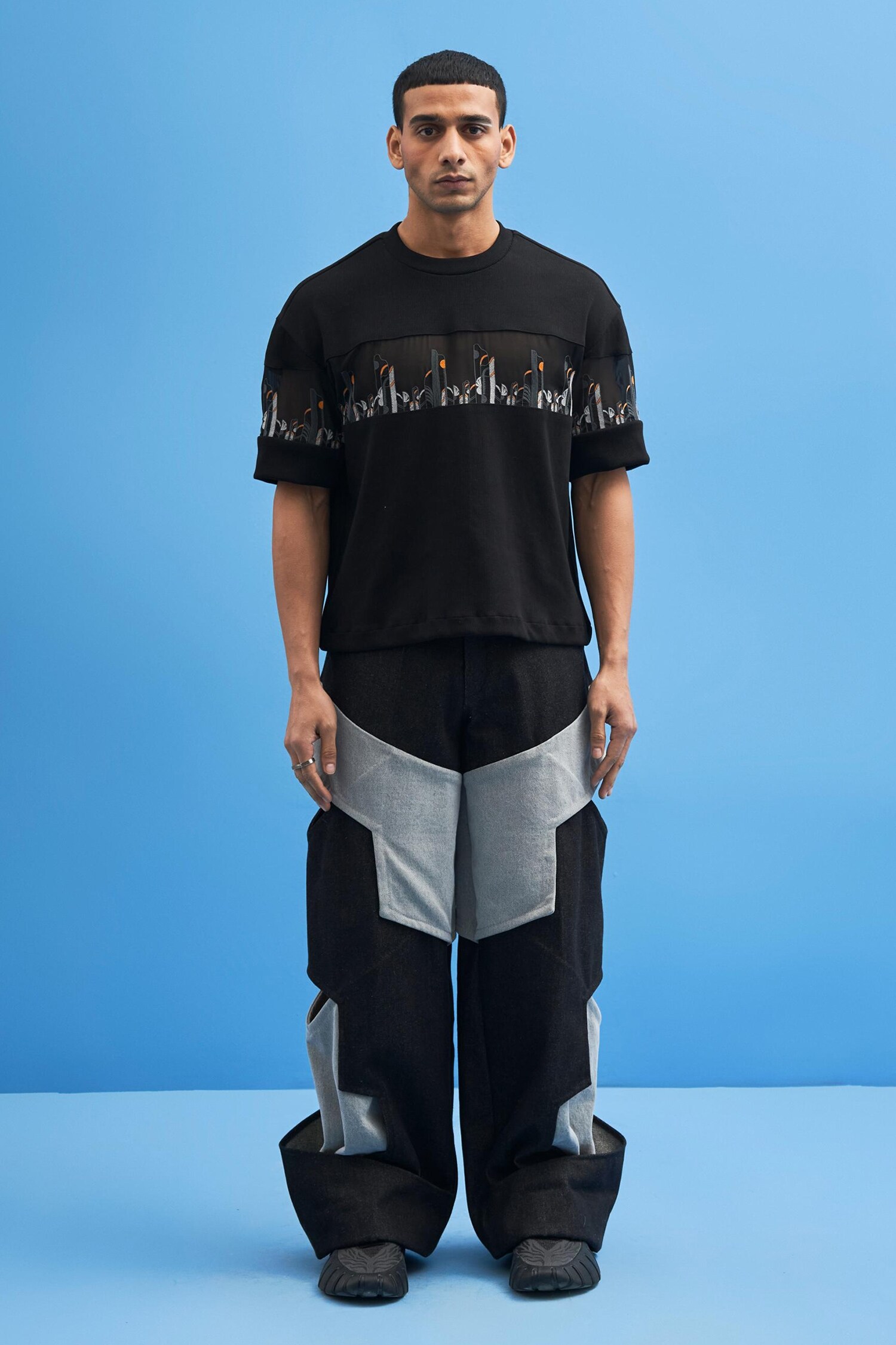 Buy Black Denim Structured Layered Trouser For Men by Siddhant Agrawal ...