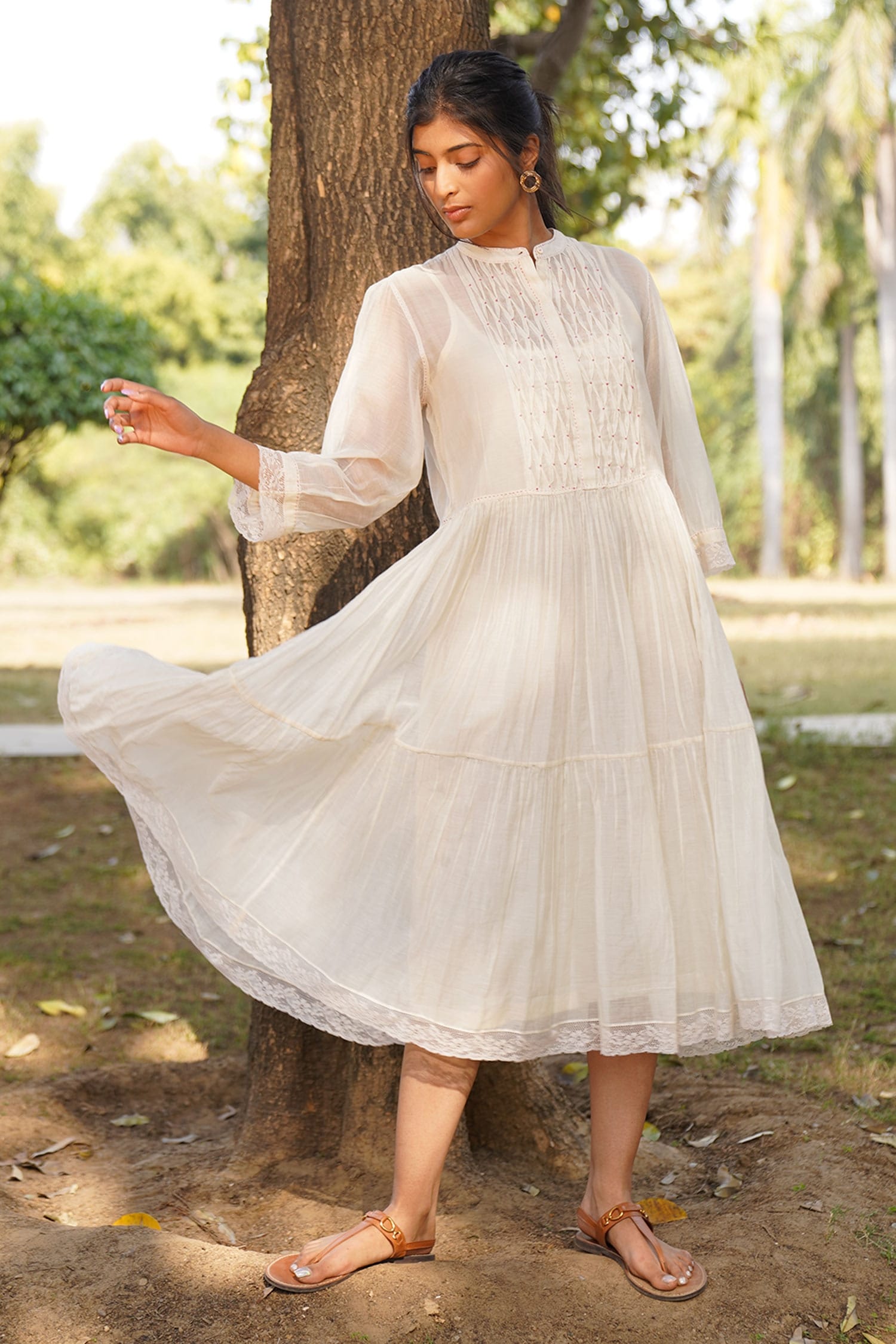 Buy Dhaari Off White Handwoven Cotton Silk Smocked Yoke Tiered Dress ...