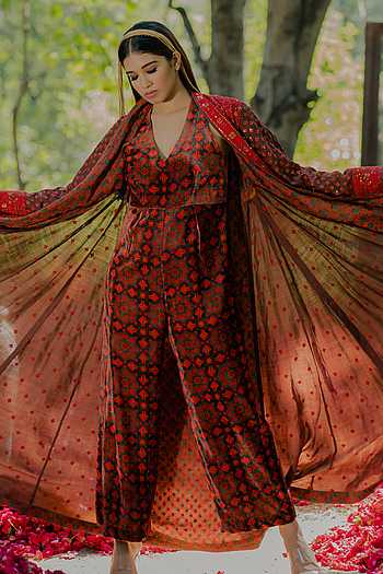 Buy Red Velvet Embroidered Aari V Neck Floral Print Jumpsuit For Women ...