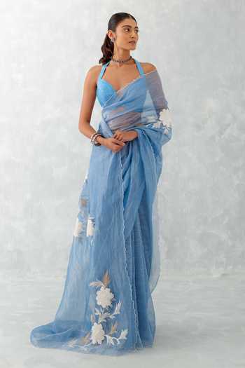 Buy Devnaagri Blue Shimmer Organza Sheer Saree With Blouse Online | Aza ...