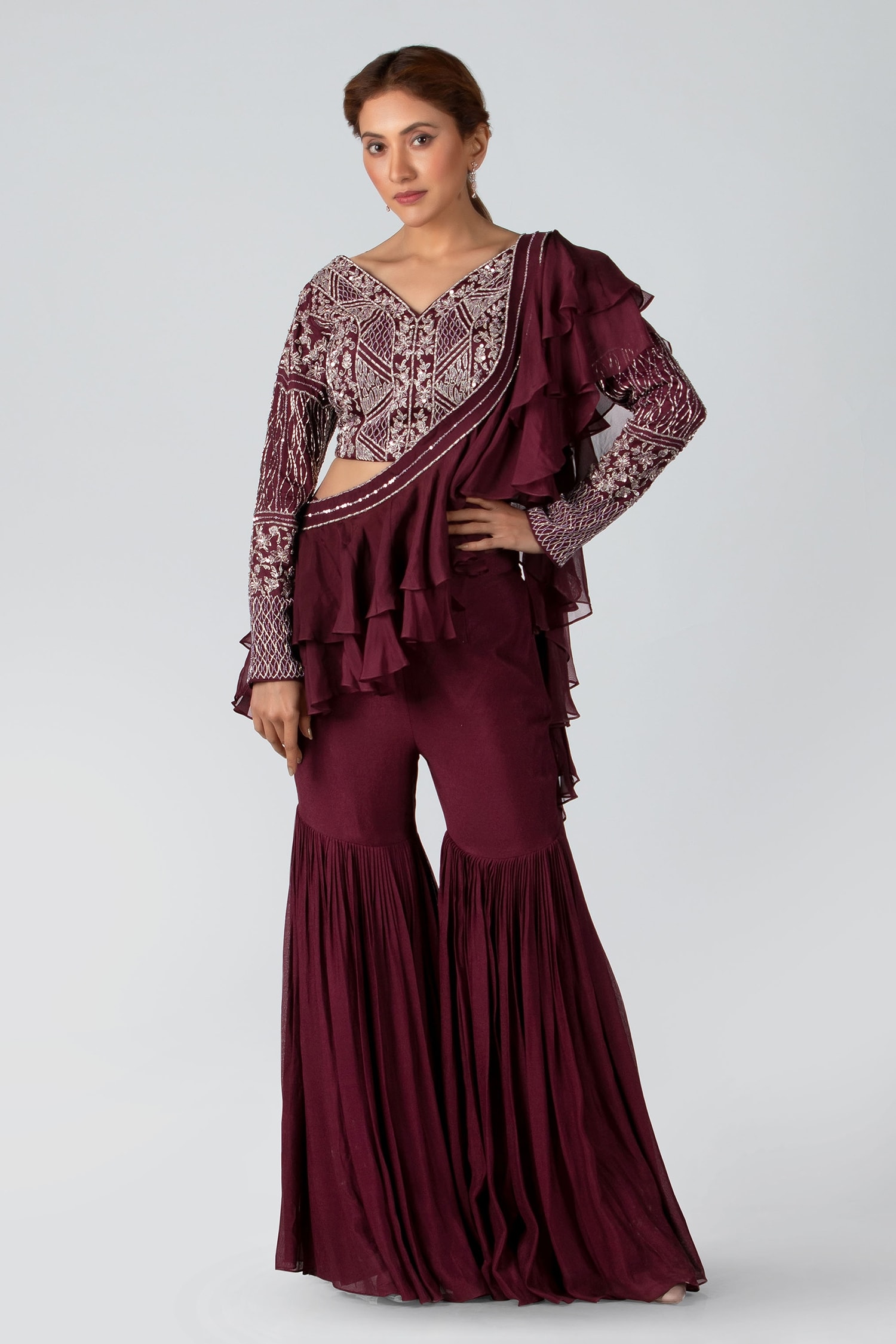 Buy Suruchi Parakh Brown Georgette Crepe Sharara Pant Saree With Blouse ...