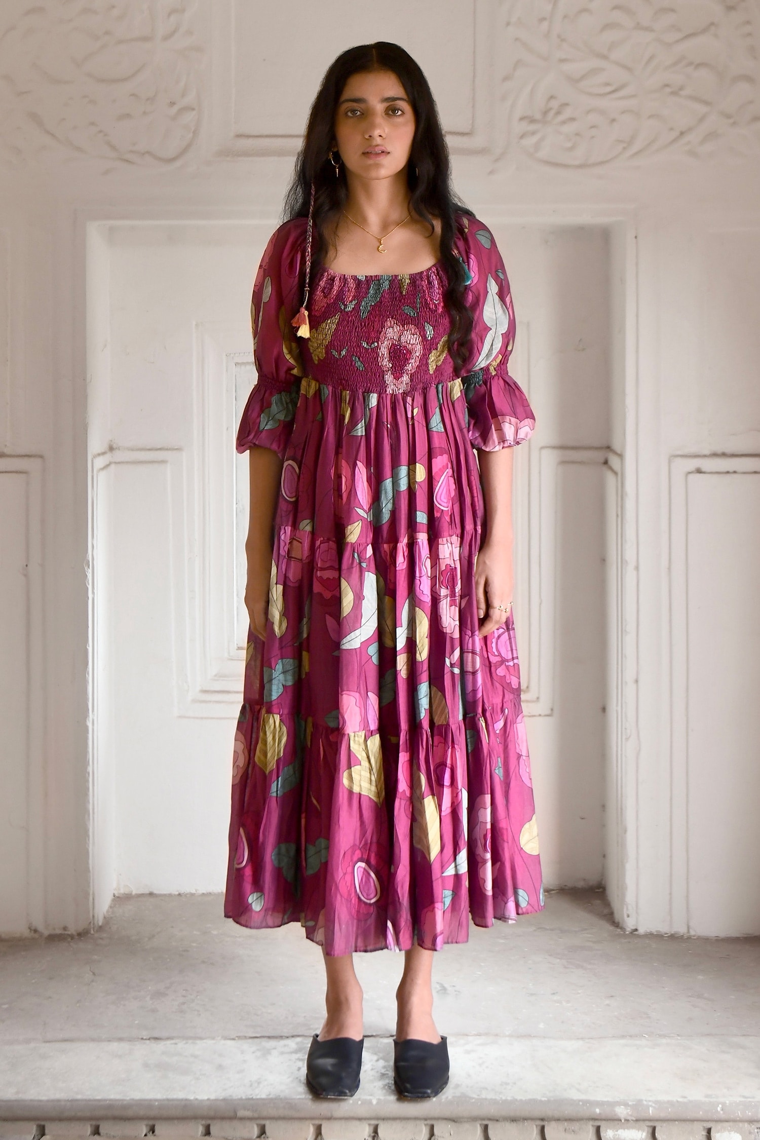 Buy Wine Chanderi Silk Print Floral Square Neck Ruby Berry Dress For ...