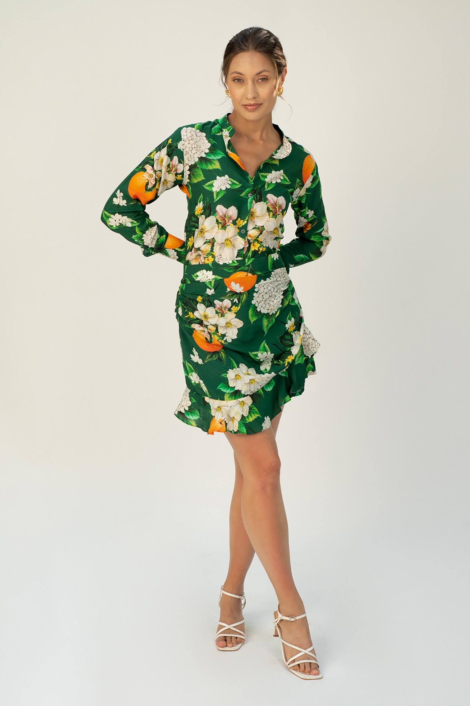 Buy Green Amelia Floral Pattern Shirt And Skirt Set For Women by SANAM ...