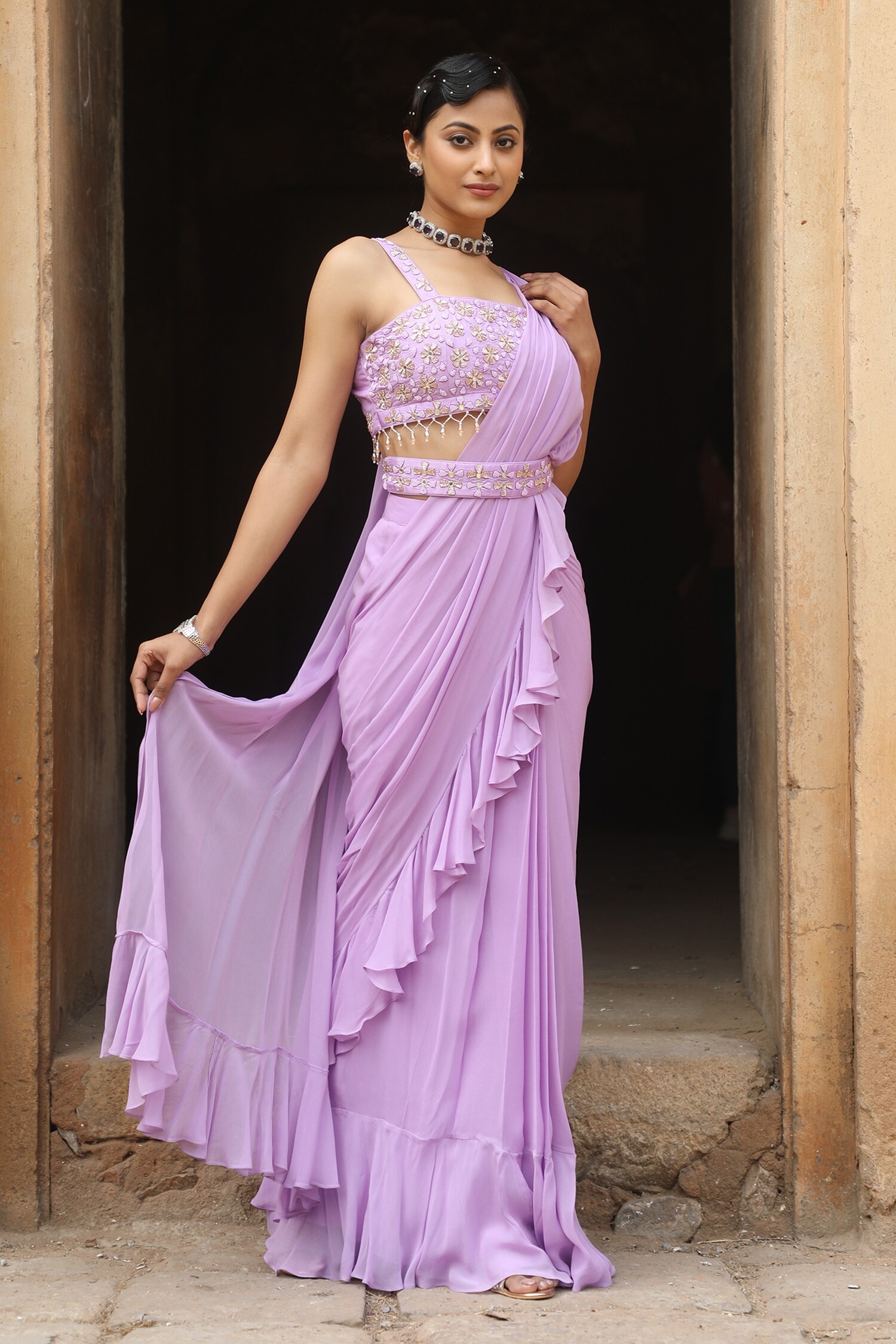 Buy Purple Uppada Silk Embroidery Nakshi Pre-draped Ruffle Saree Set ...