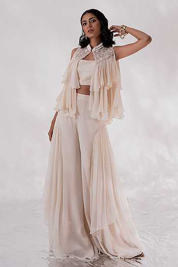 Buy Ivory Organza Embroidered Applique Hiya Ruffled Layered Palazzo Set ...