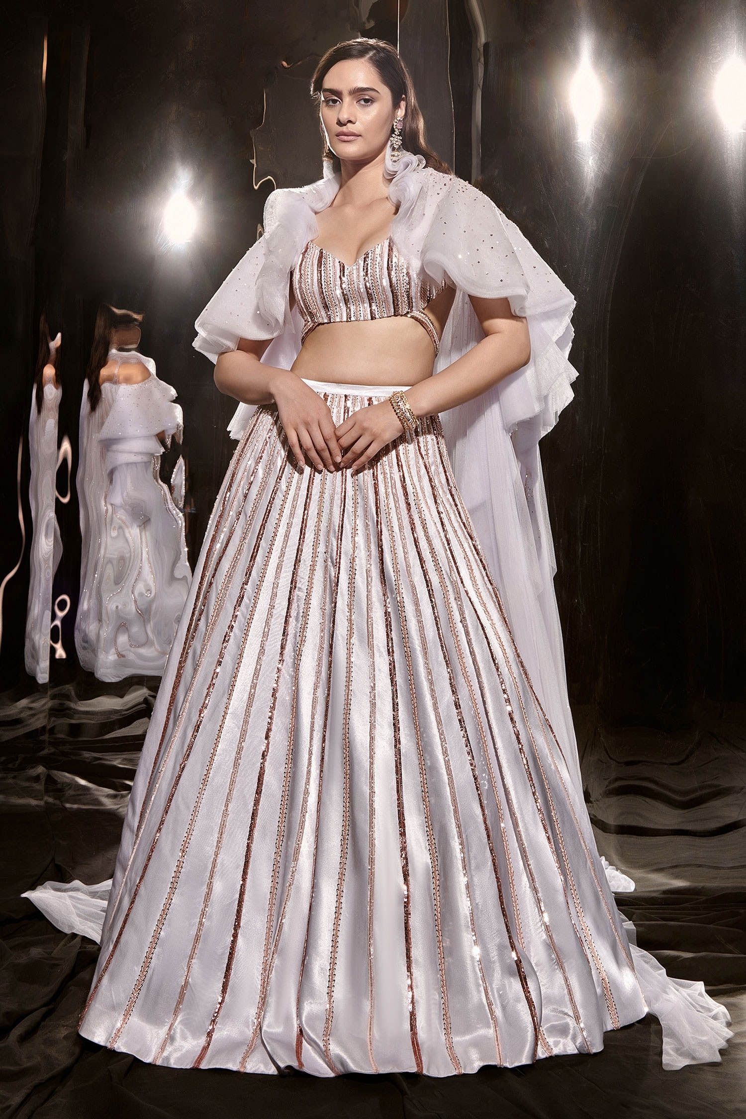 Buy Masumi Mewawalla Blue Mashroo Sequin Embellished Lehenga And Cape ...