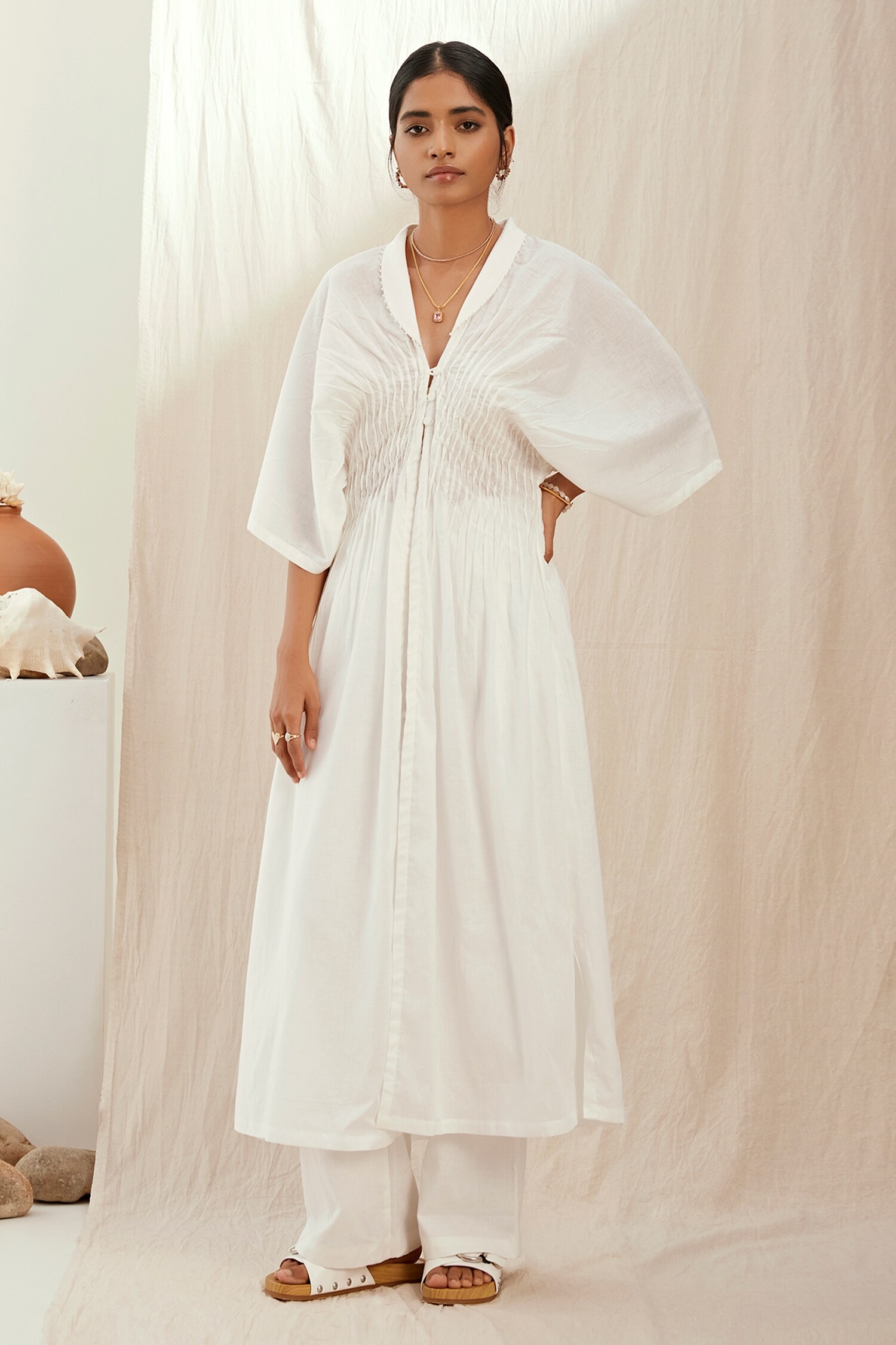 Buy The Right Cut White Cotton Marina Long Collared Top And Pant Set ...