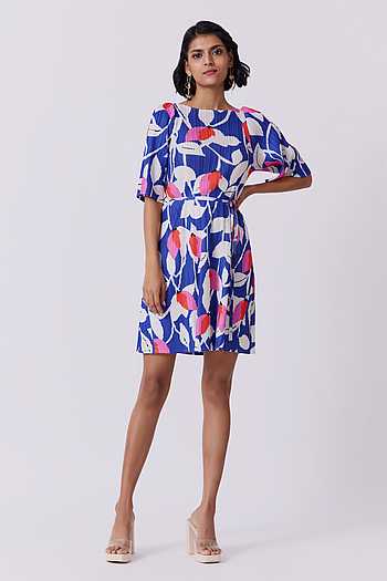 Buy Scarlet Sage Blue Polyester Susan Leaf Print Dress Online | Aza ...