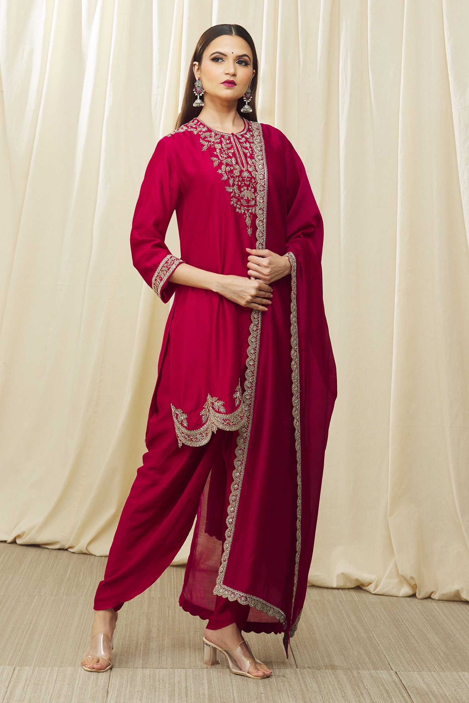 Buy Red Silk Embroidery Aari Round Scallop Hem Tunic Set For Women by ...