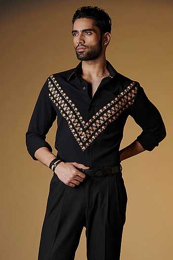 Buy Black Terylene Printed Geometric Panel Engraved Shirt For Men by S ...
