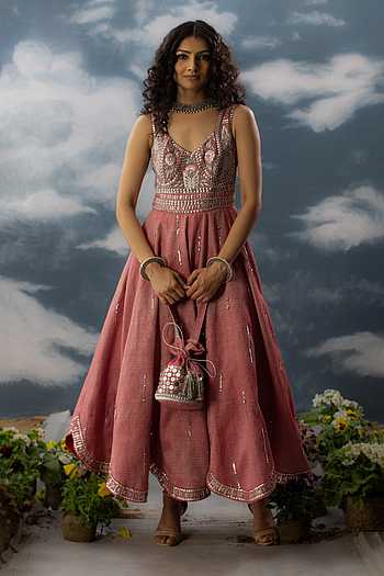 Buy Pink Cotton Zari Hand Embroidered Patch Work V Neck Laalsa Dress ...