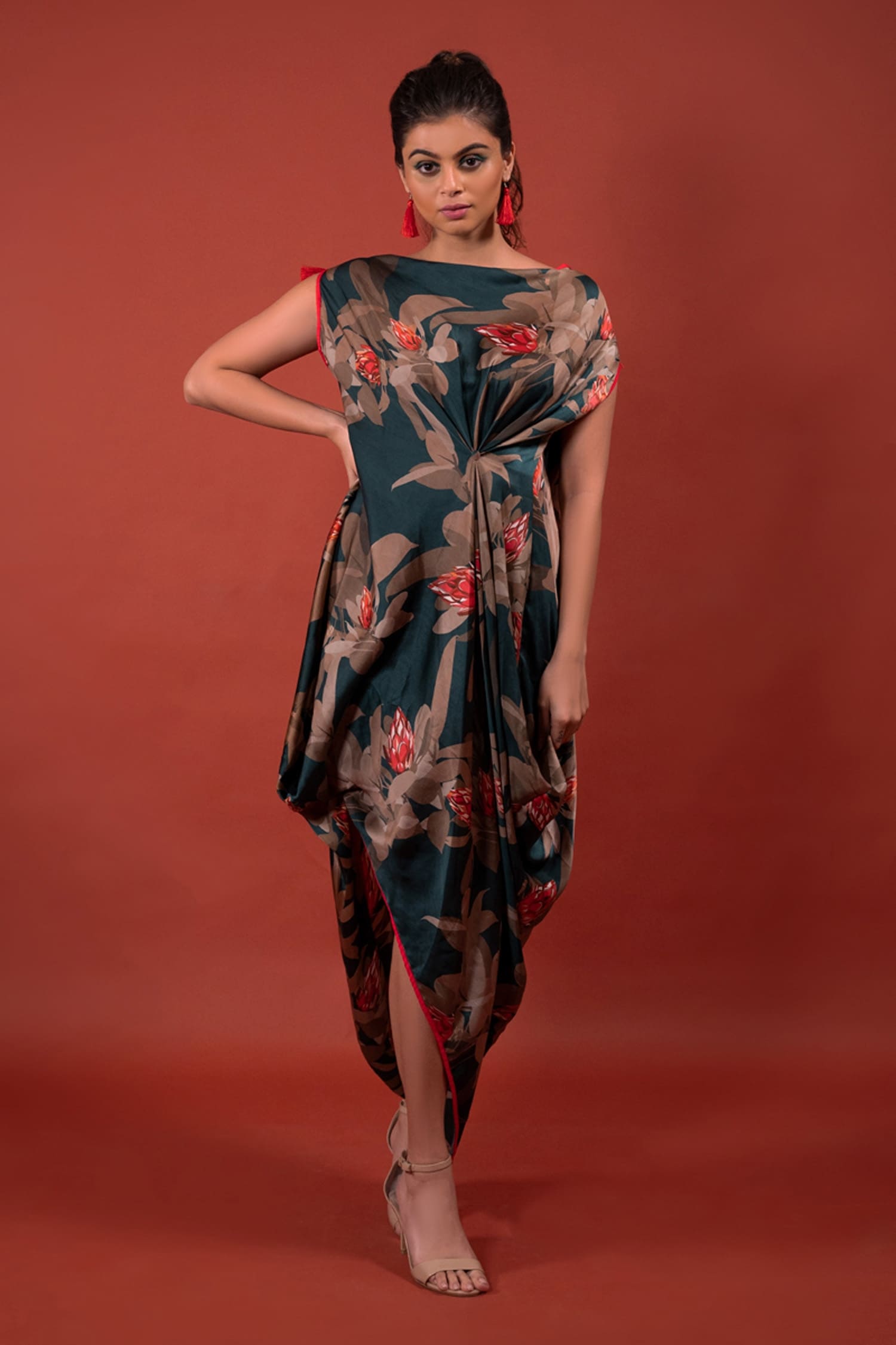 Buy Green Modal Satin Printed Flower Pattern Straight Pine Draped Dress ...