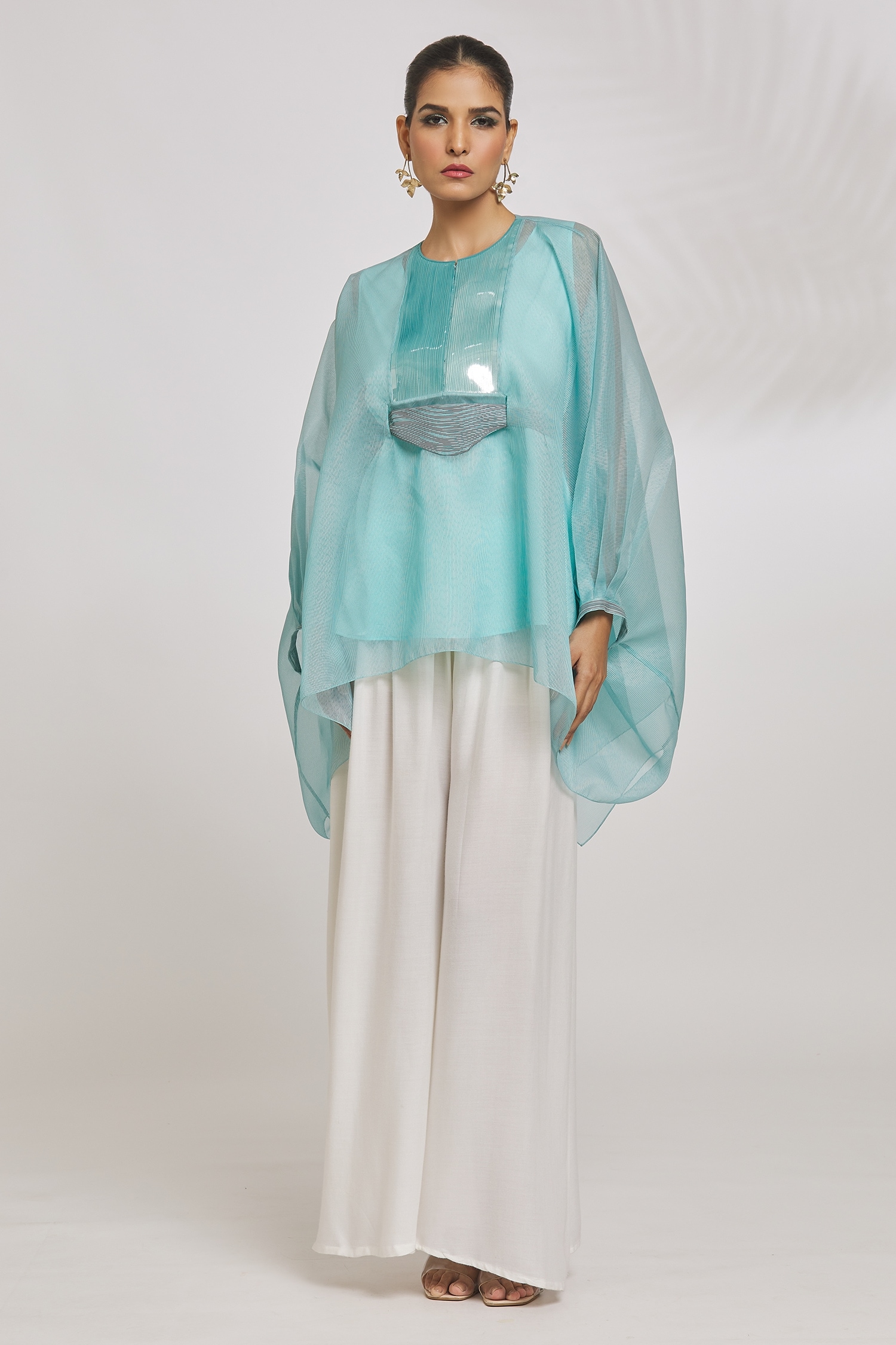 Buy Blue Organza Striper Embroidery Round Metallic A-line Neck Top For ...