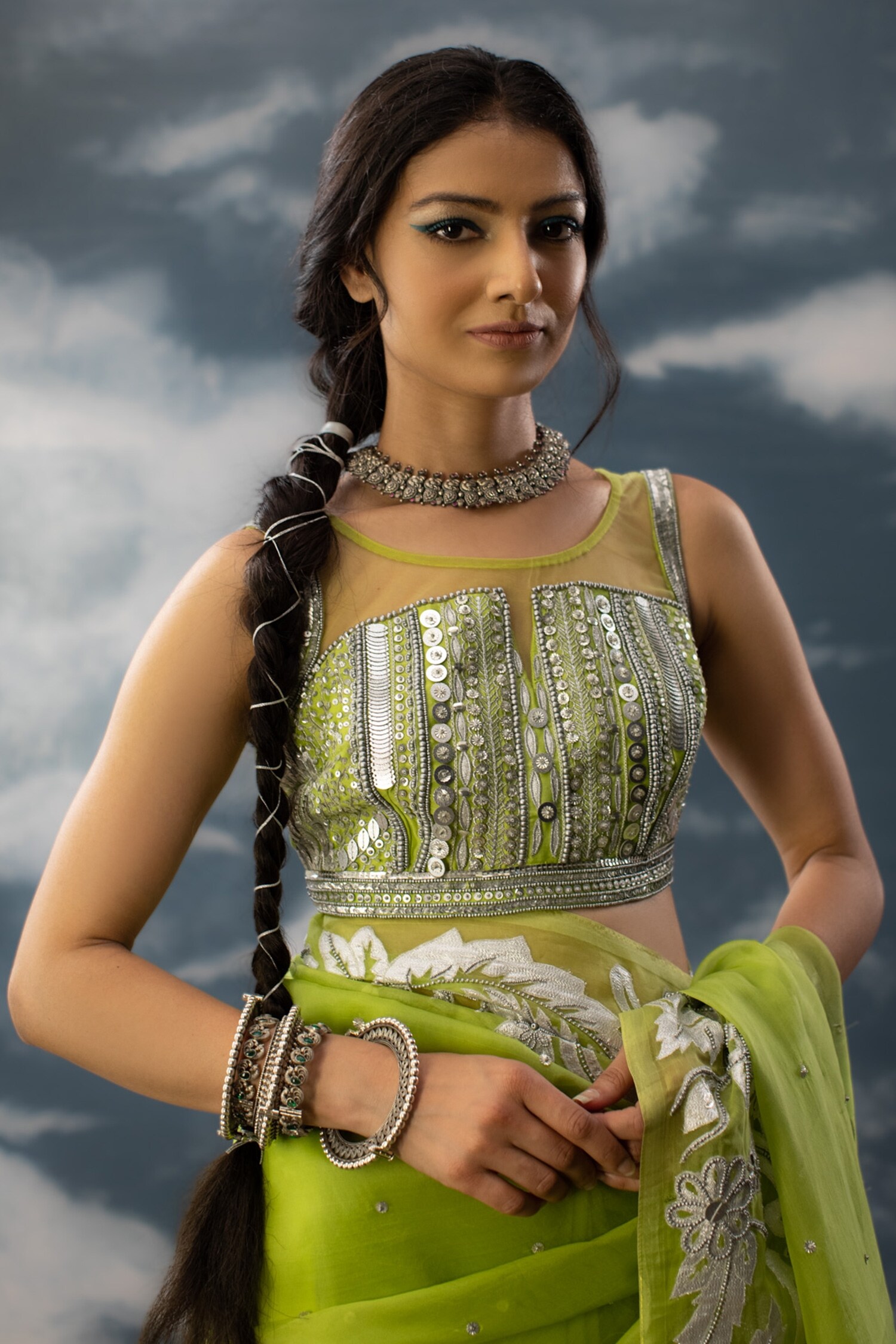 Buy Green Net Hand Embroidered Zari Illusion Round Neck Iccha Blouse ...