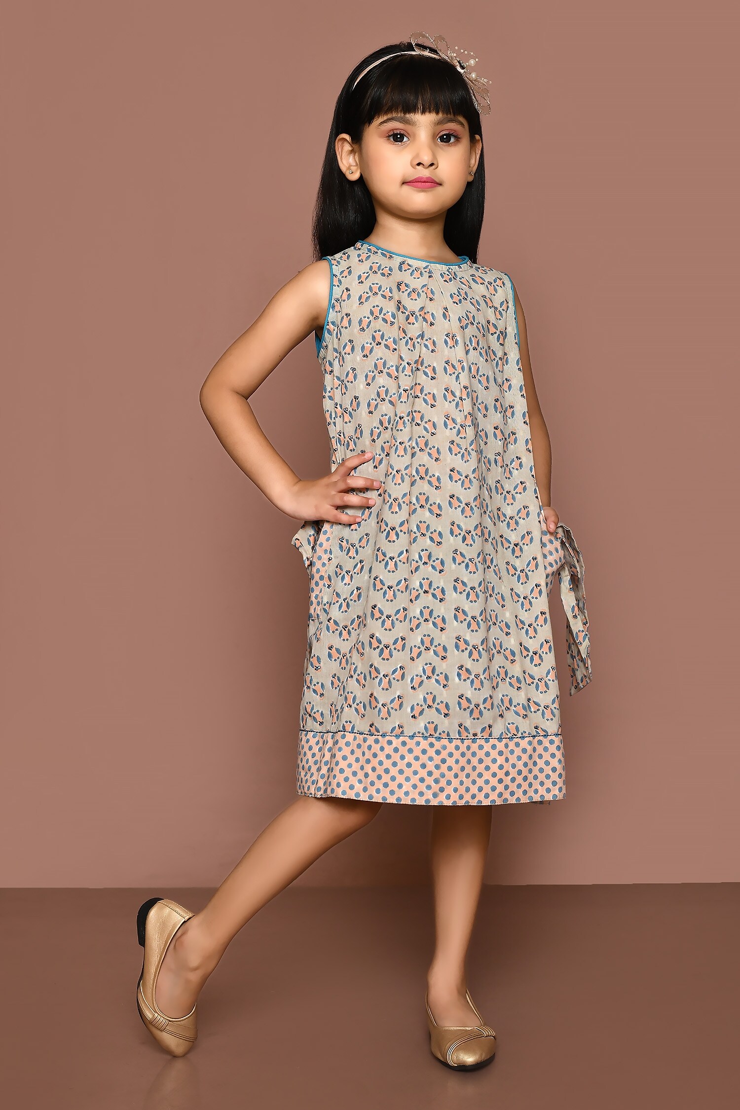 Buy Beige Cotton Hand Block Print Penguin Dress For Girls by Banana Bee ...