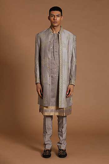 Buy Grey Chanderi Handloom Woven Dori Hand Embroidered Work Sherwani ...
